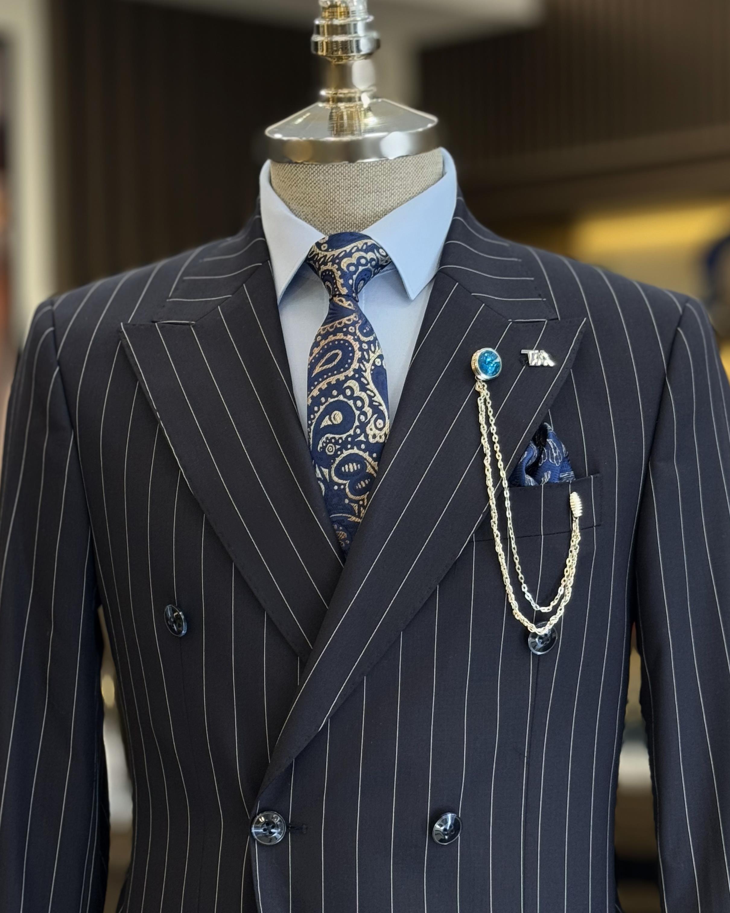 Chic Dark Blue Double Breasted Pinstriped Men's Formal Suits – Suitfitpro