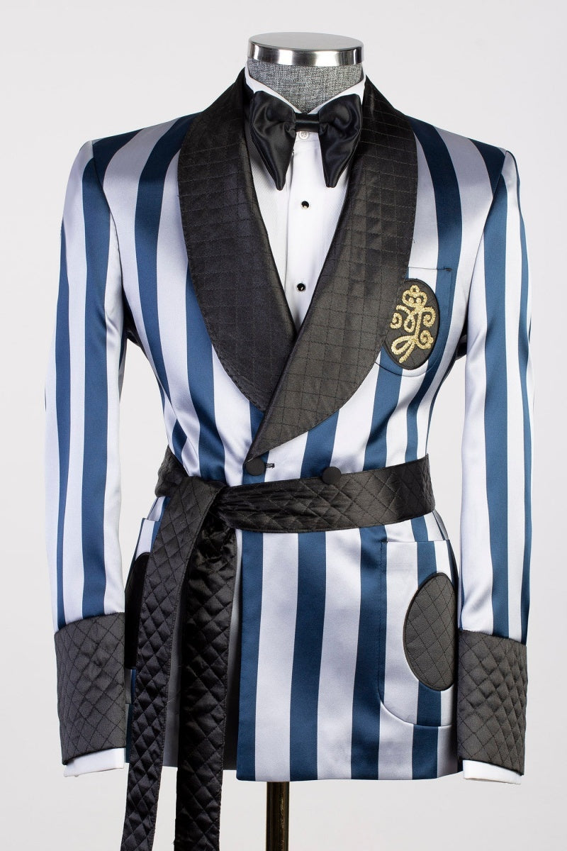 Fancy White And Blue Stripe Double Breasted Prom Suits With Black Belt ...